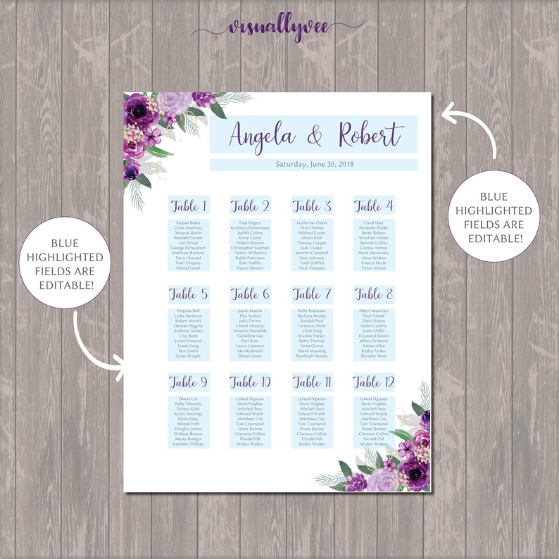 12 Table Seating Chart EDITABLE PDF Purple Floral - Etsy