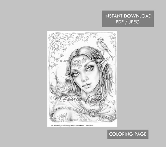 Fae Messengers Fairy Coloring Page Grayscale Instant | Etsy