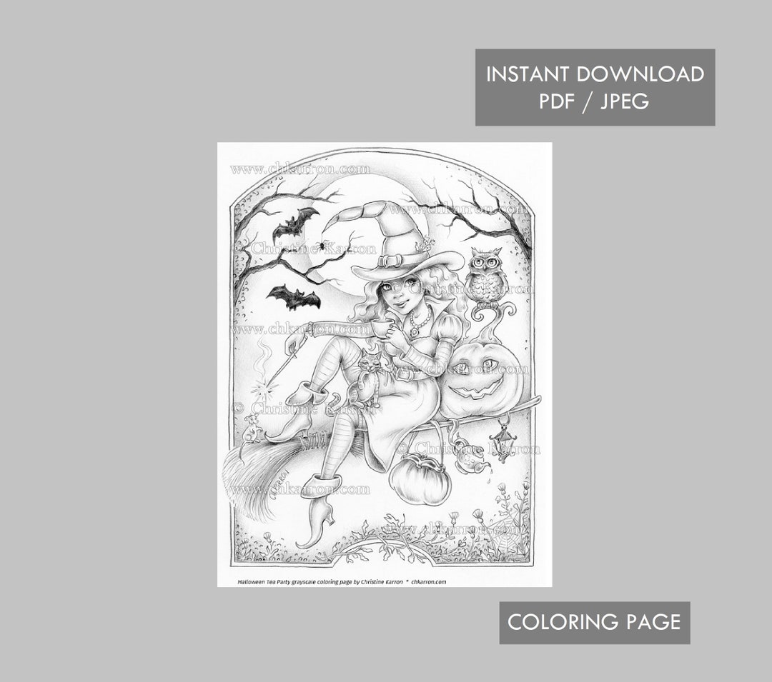 Halloween Tea Party Grayscale Coloring Page Witch Halloween Pumpkin ...