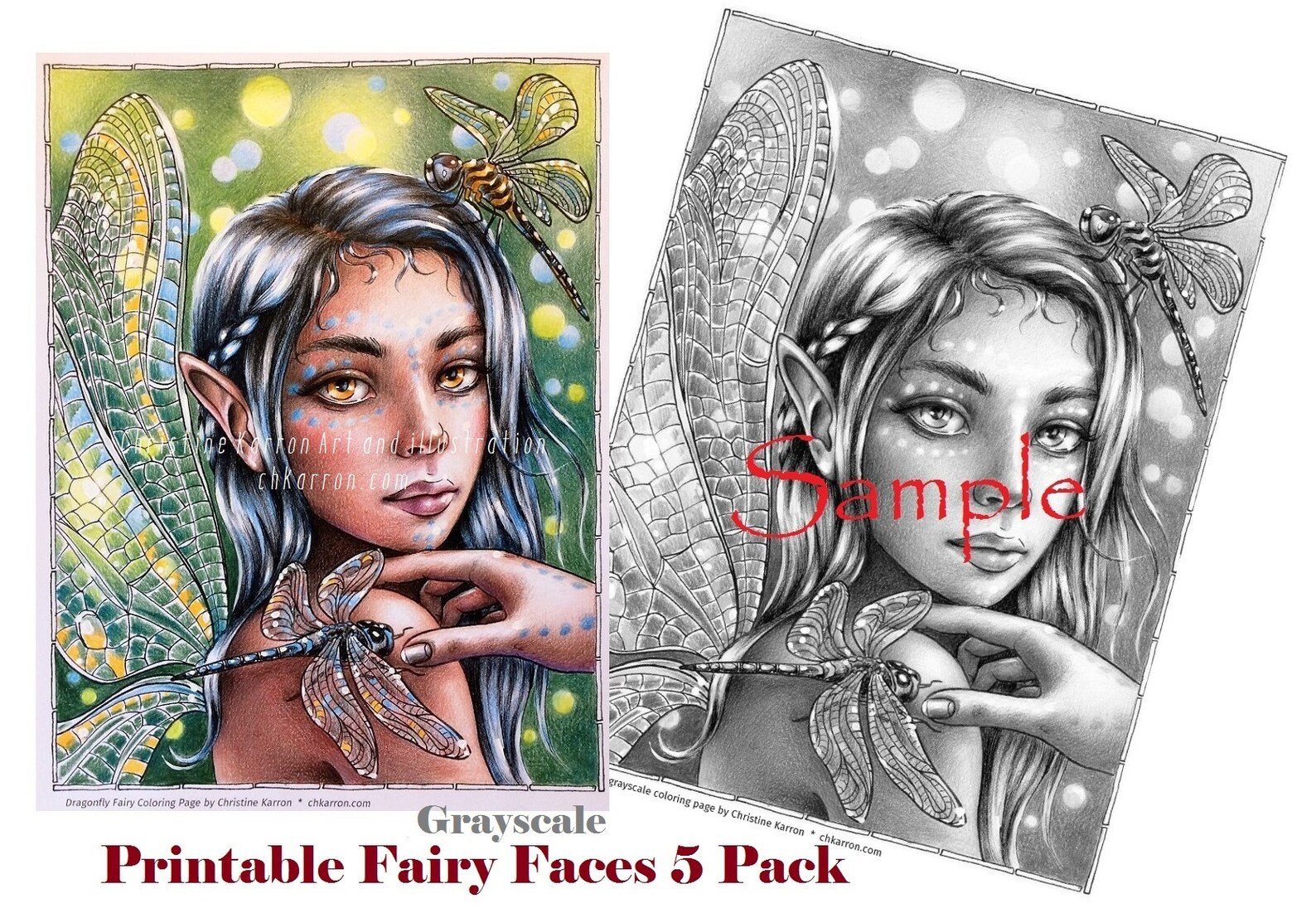 Set of 5 GRAYSCALE Coloring Pages Fairy Faces 5 Pack Instant - Etsy Canada