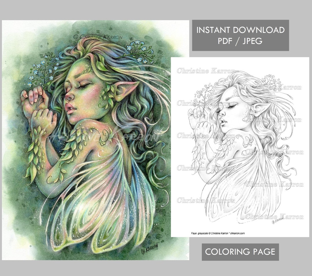 Faye Coloring Page Grayscale Illustration Female Fairy Elf Girl Fae ...