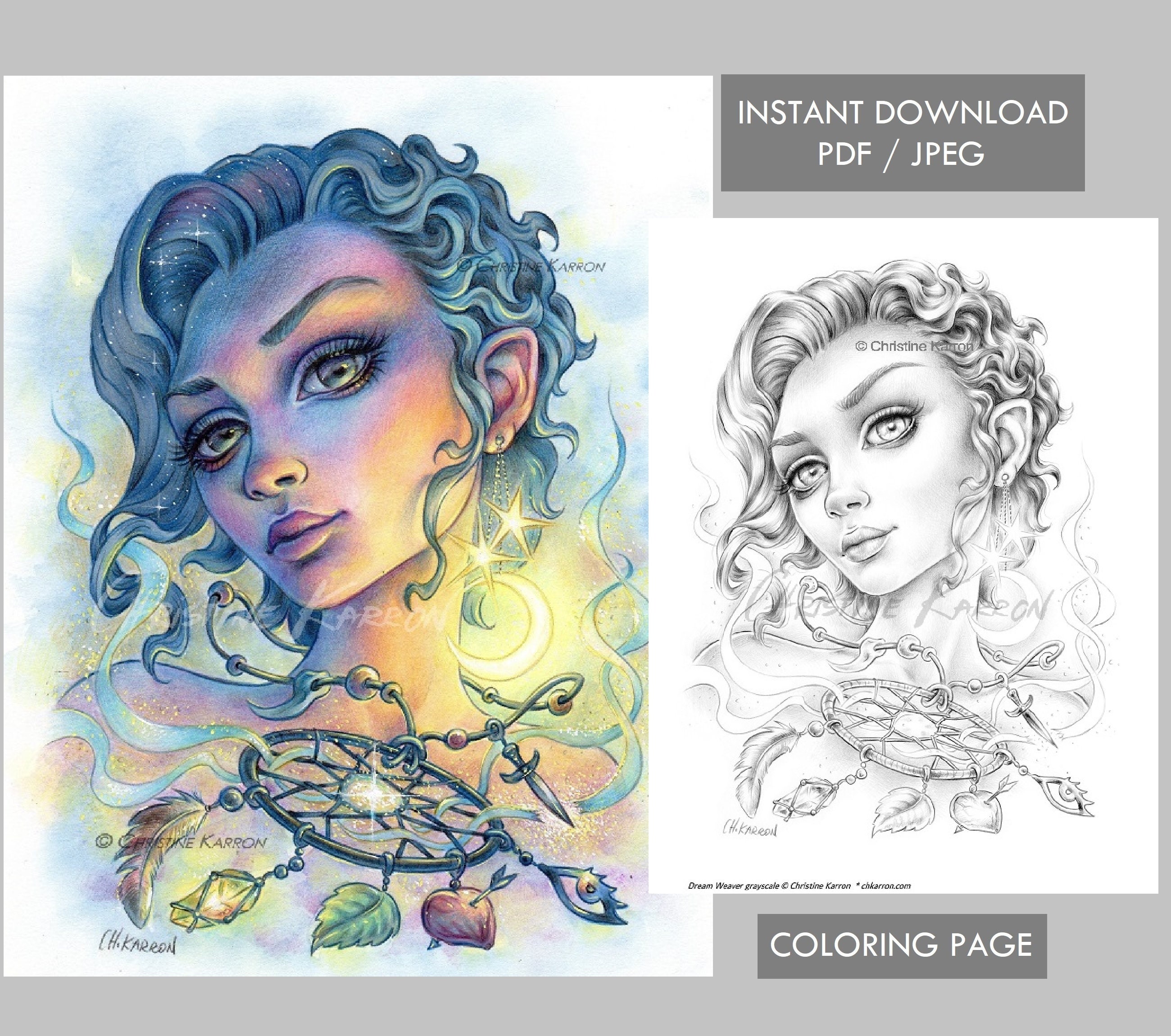 Dream Weaver Coloring Page Grayscale Illustration Instant - Etsy