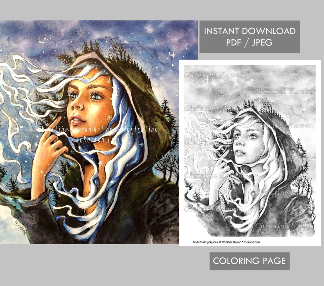 North Wind Coloring Page Grayscale Illustration Fairy Elf Winter ...