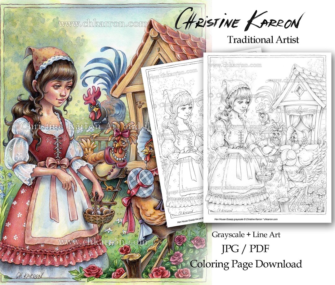 Hen House Gossip Christine Karron Coloring Page Grayscale & Line-art ...