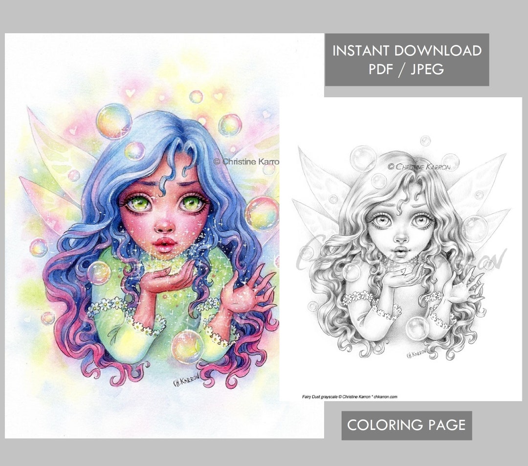 Fairy Dust Coloring Page Grayscale Cute Fae Girl Bubbles Illustration ...