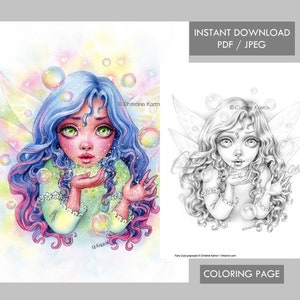 Fairy Dust Coloring Page Grayscale Cute Fae Girl Bubbles - Etsy