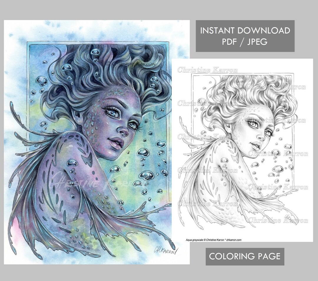 Aqua Coloring Page Grayscale Mermaid Nymph Beautiful Female Fantasy ...