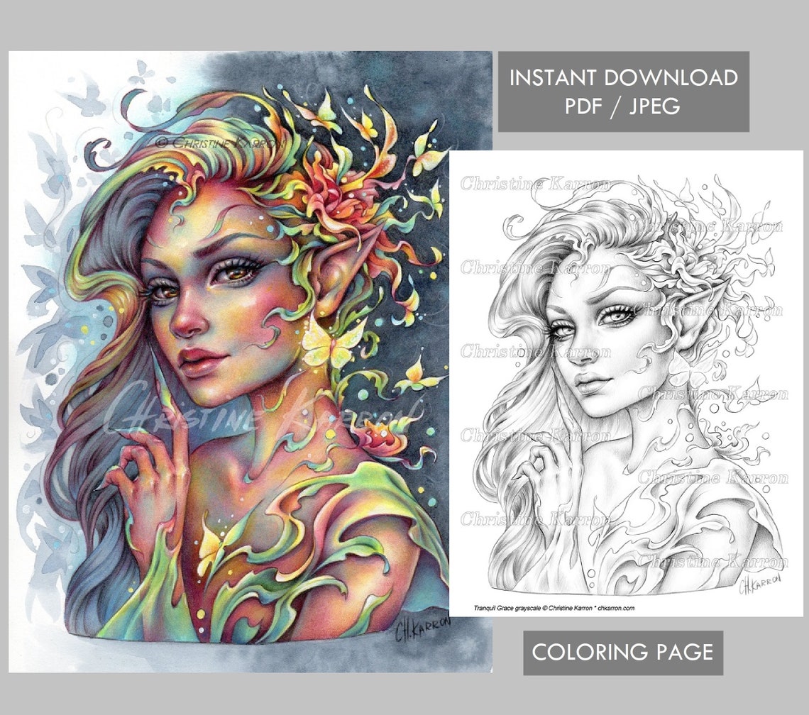 Tranquil Grace Fae Coloring Page Grayscale Illustration Fairy - Etsy