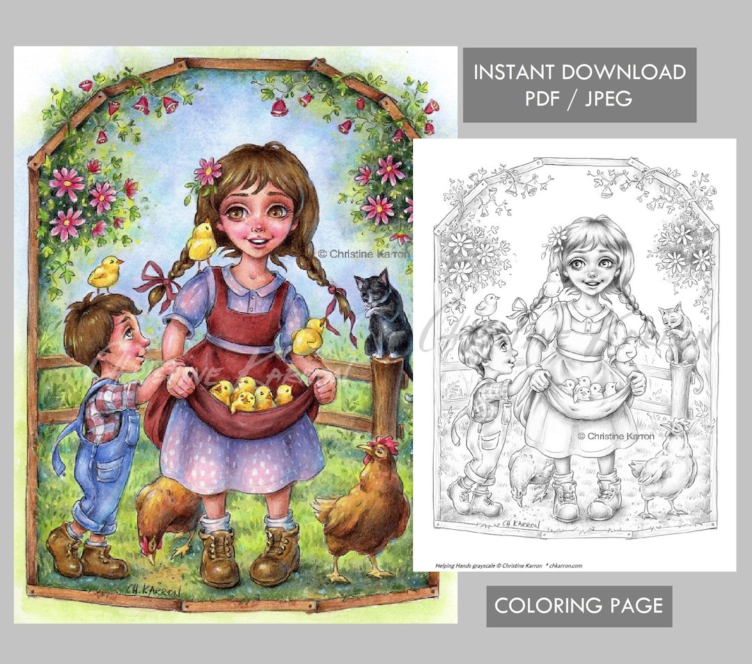Helping Hands Coloring Page Grayscale Kids Chicks Instant Download ...
