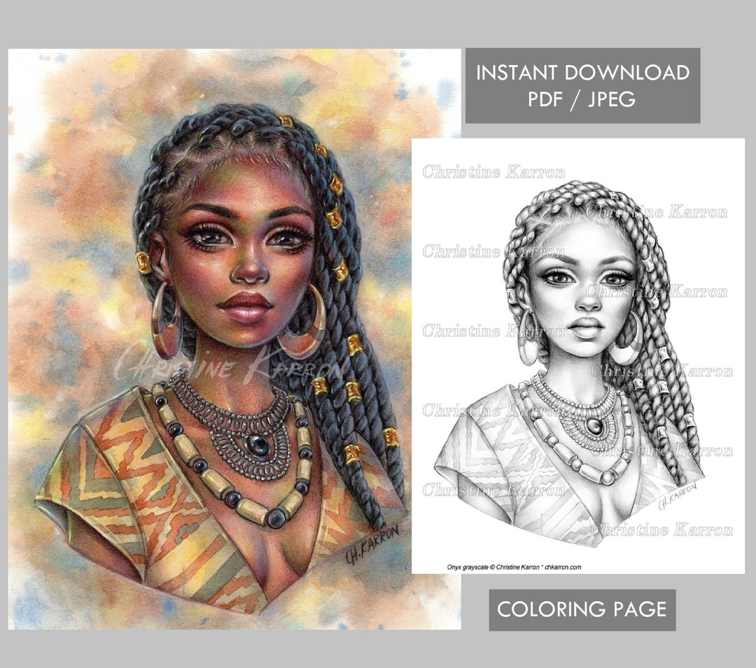 Onyx Coloring Page GRAYSCALE African Black Woman Female Illustration ...