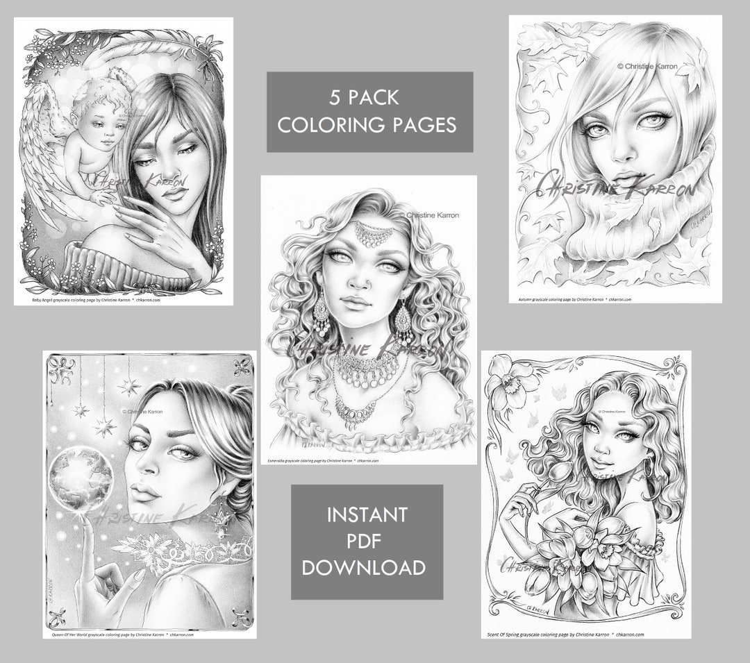 Female Characters Faces 5 Pack GRAYSCALE Coloring Pages Instant ...