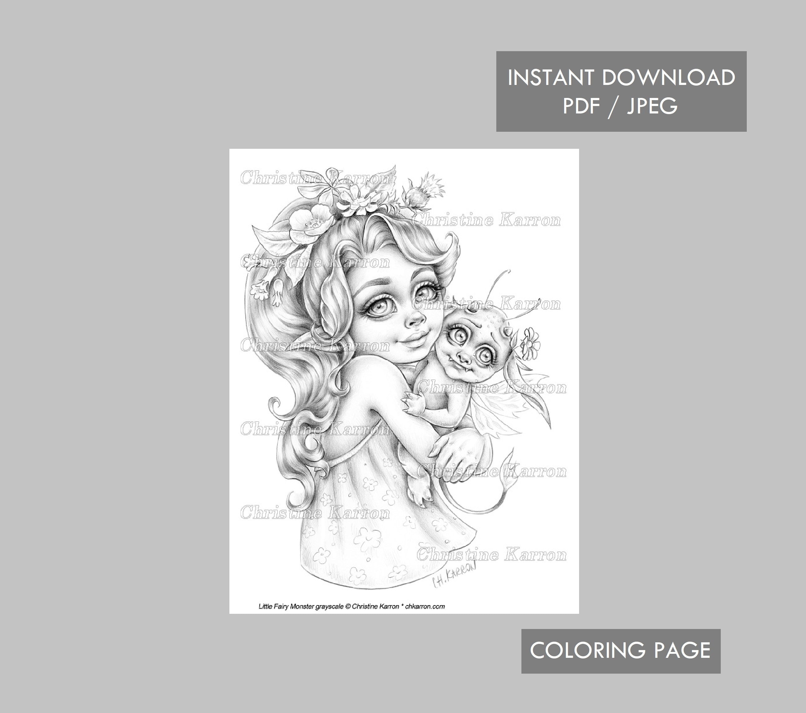 Little Fairy Monster Coloring Page Grayscale Illustration Wings Elf ...