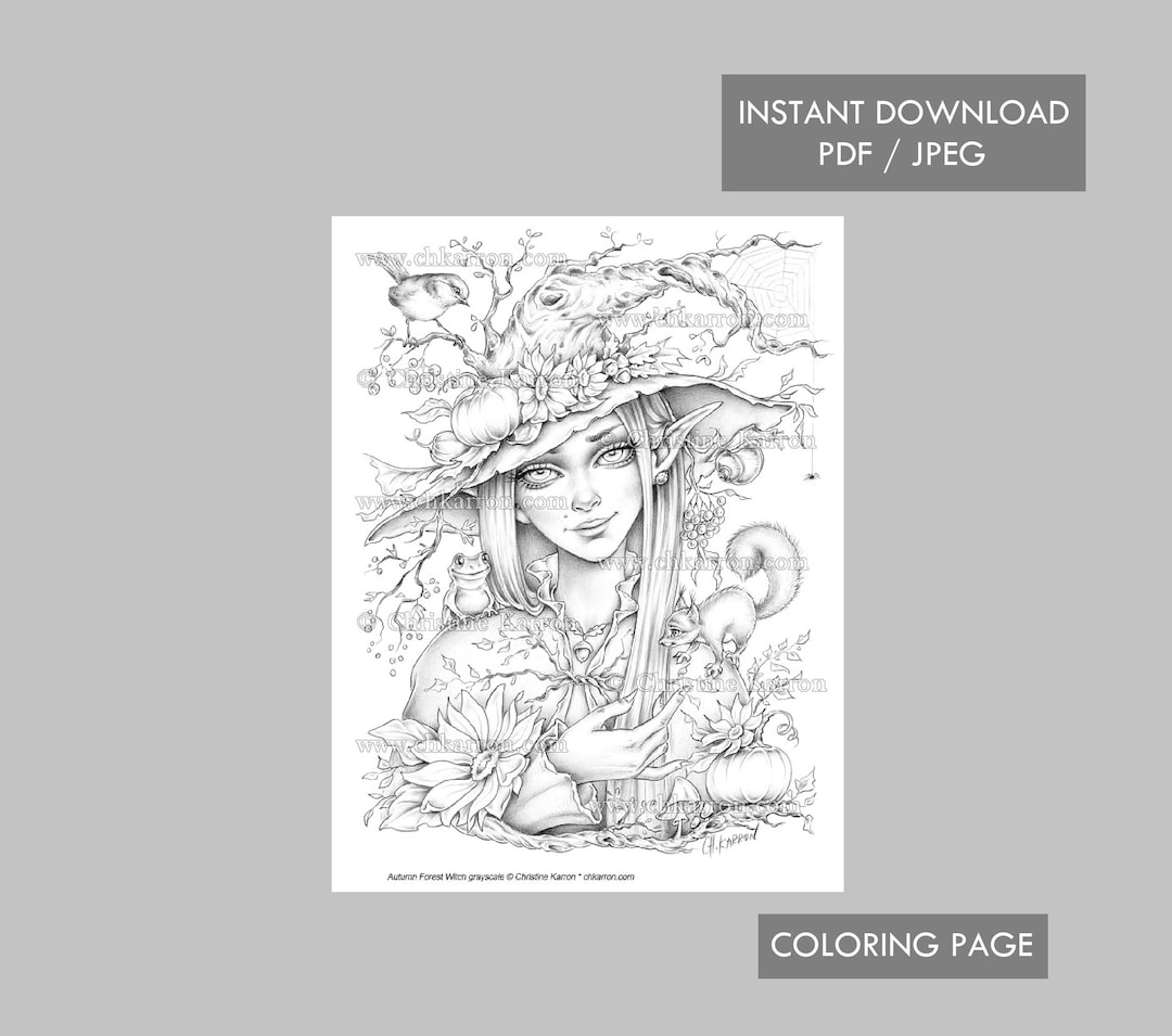 Autumn Forest Witch Coloring Page Grayscale Illustration Elf Fantasy ...