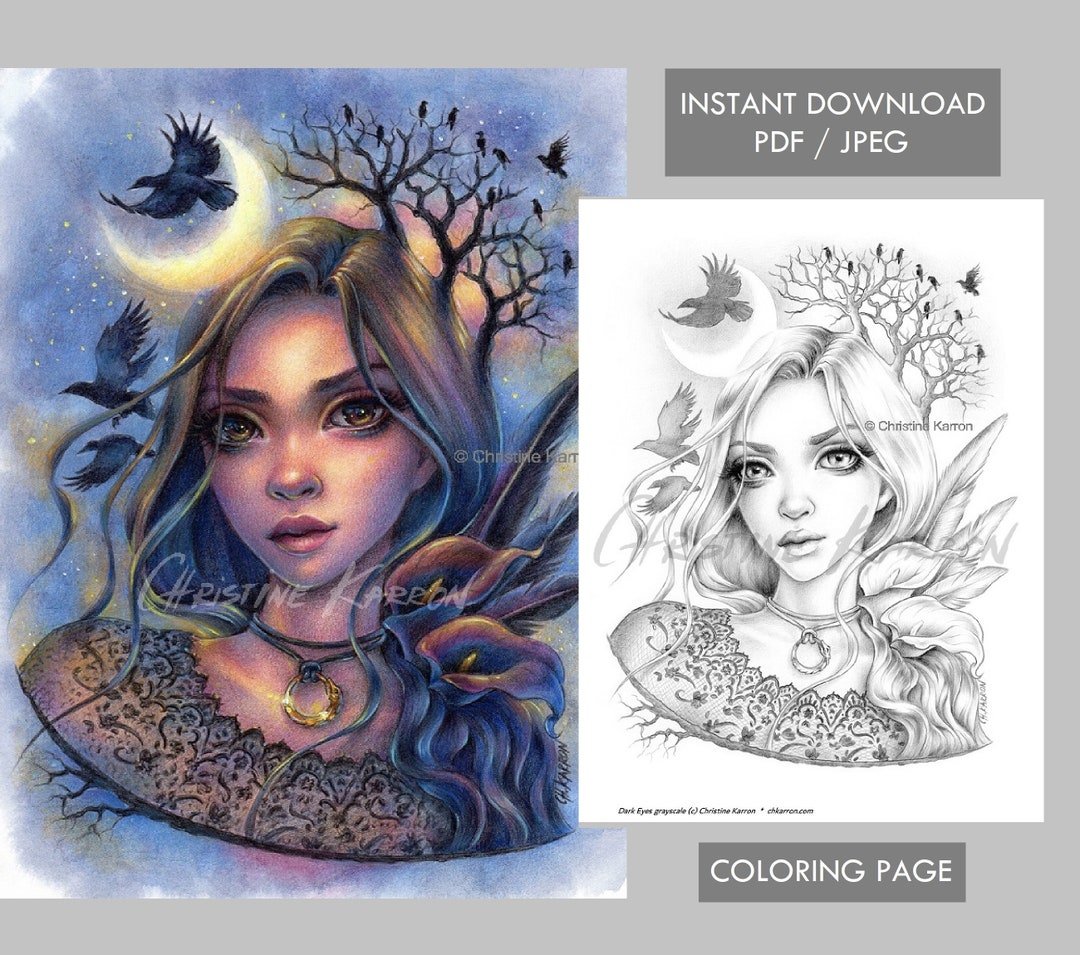 Dark Eyes Raven Coloring Page Grayscale Illustration Instant Download ...