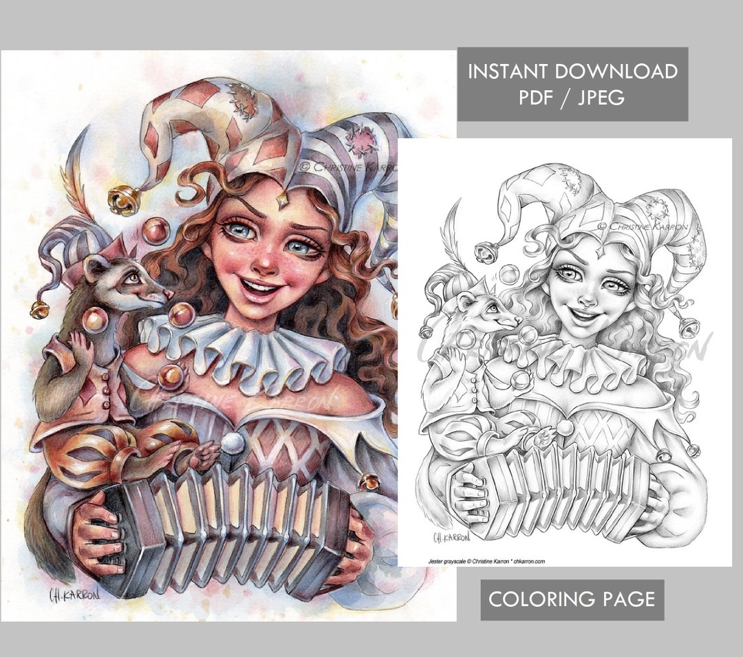 Jester Coloring Page GRAYSCALE Joker Harlequin Girl Ferret Illustration ...