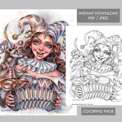 Jester Coloring Page GRAYSCALE Joker Harlequin Girl Ferret | Etsy