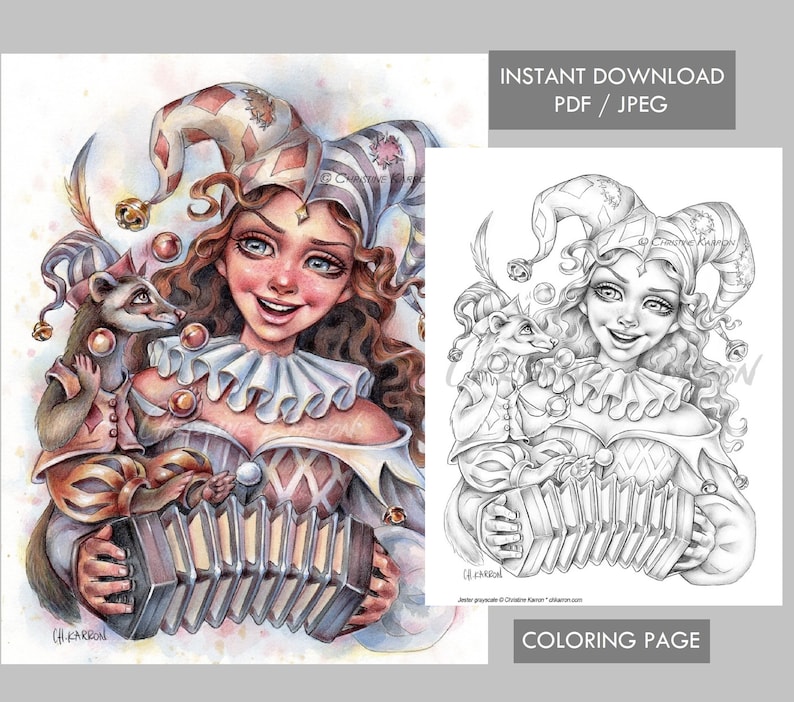 Jester Coloring Page GRAYSCALE Joker Harlequin Girl Ferret | Etsy