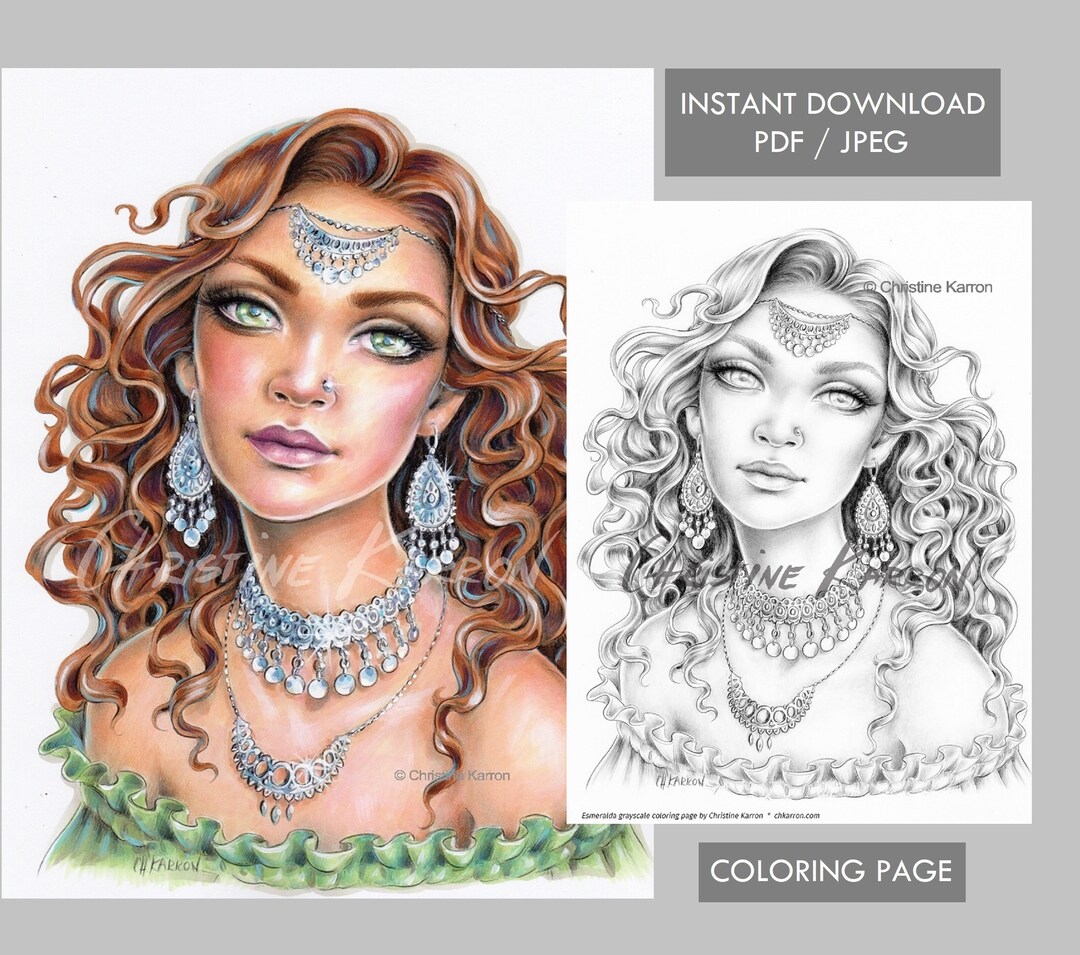 Gypsy Esmeralda Coloring Page Grayscale Instant Download Printable File ...