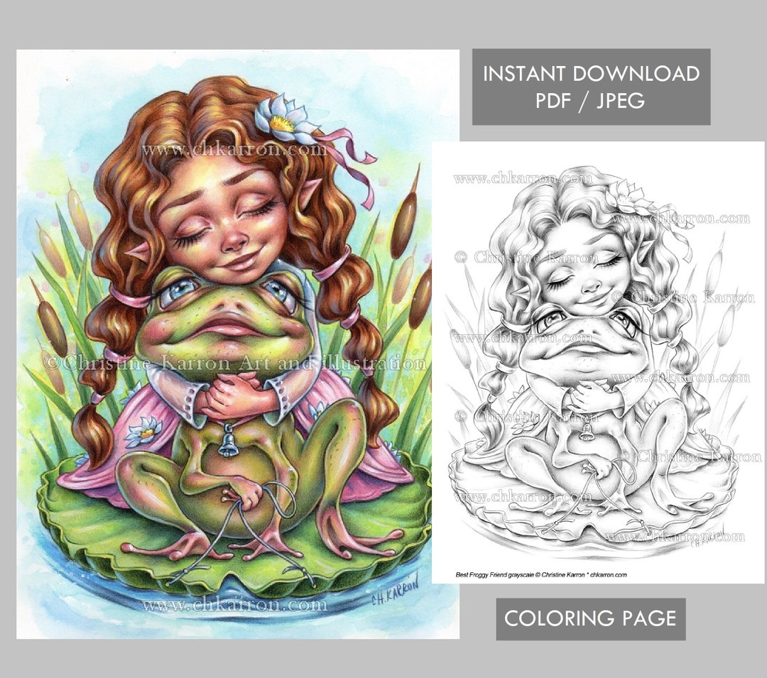 Best Froggy Friend Coloring Page Grayscale Illustration Elf Girl Cute ...