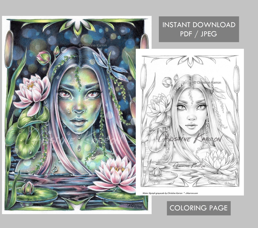 Water Nymph - Coloring Page Grayscale Instant Download Printable File ...