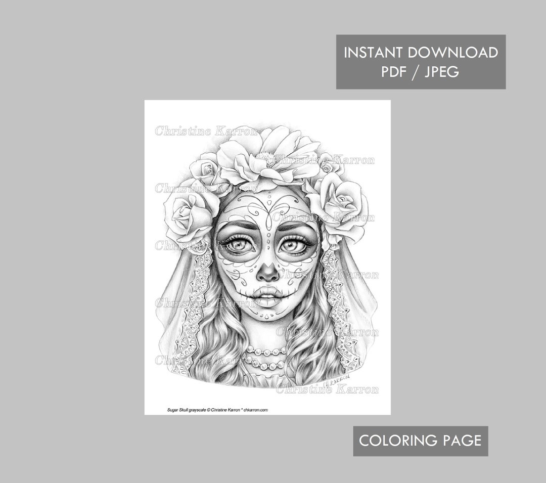 Sugar Skull Coloring Page Grayscale Illustration Face Portrait Girl ...
