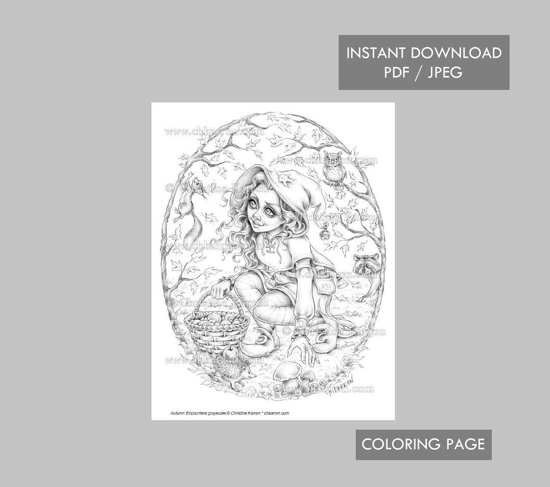 Autumn Encounters Coloring Page Grayscale Illustration Fairy Fantasy ...