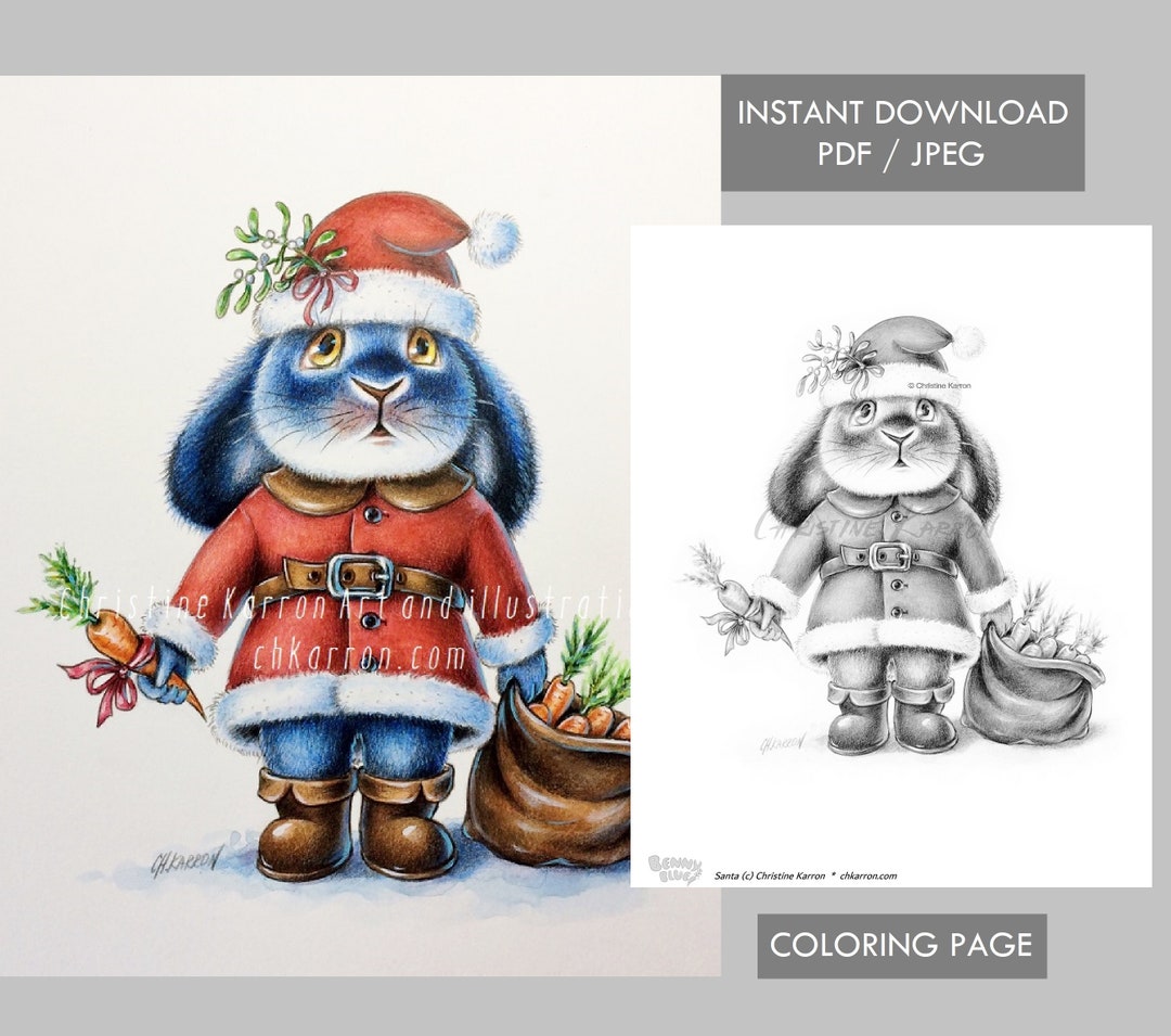 Benny Blue Bunny Santa Grayscale Coloring Page Instant Download ...