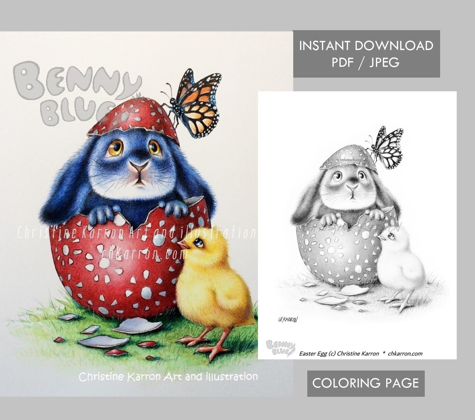 Benny Blue Bunny Easter Egg Grayscale Coloring Page Instant | Etsy