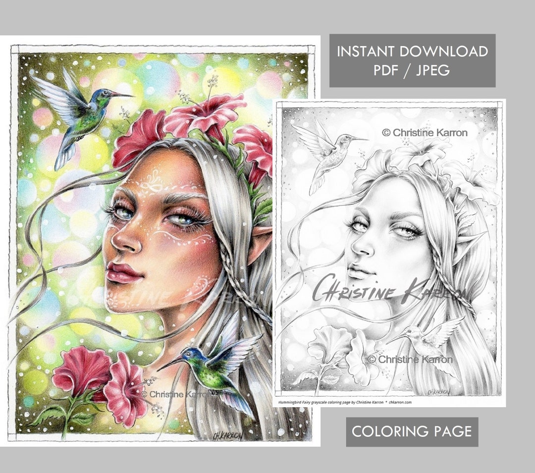 Hummingbird Fairy Coloring Page Grayscale Instant Download Printable ...