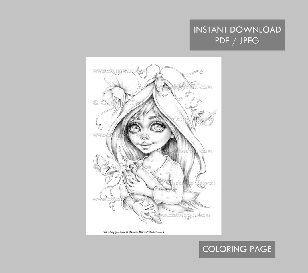 Pea Elfling Coloring Page Grayscale Illustration Fairy Fae Garden ...