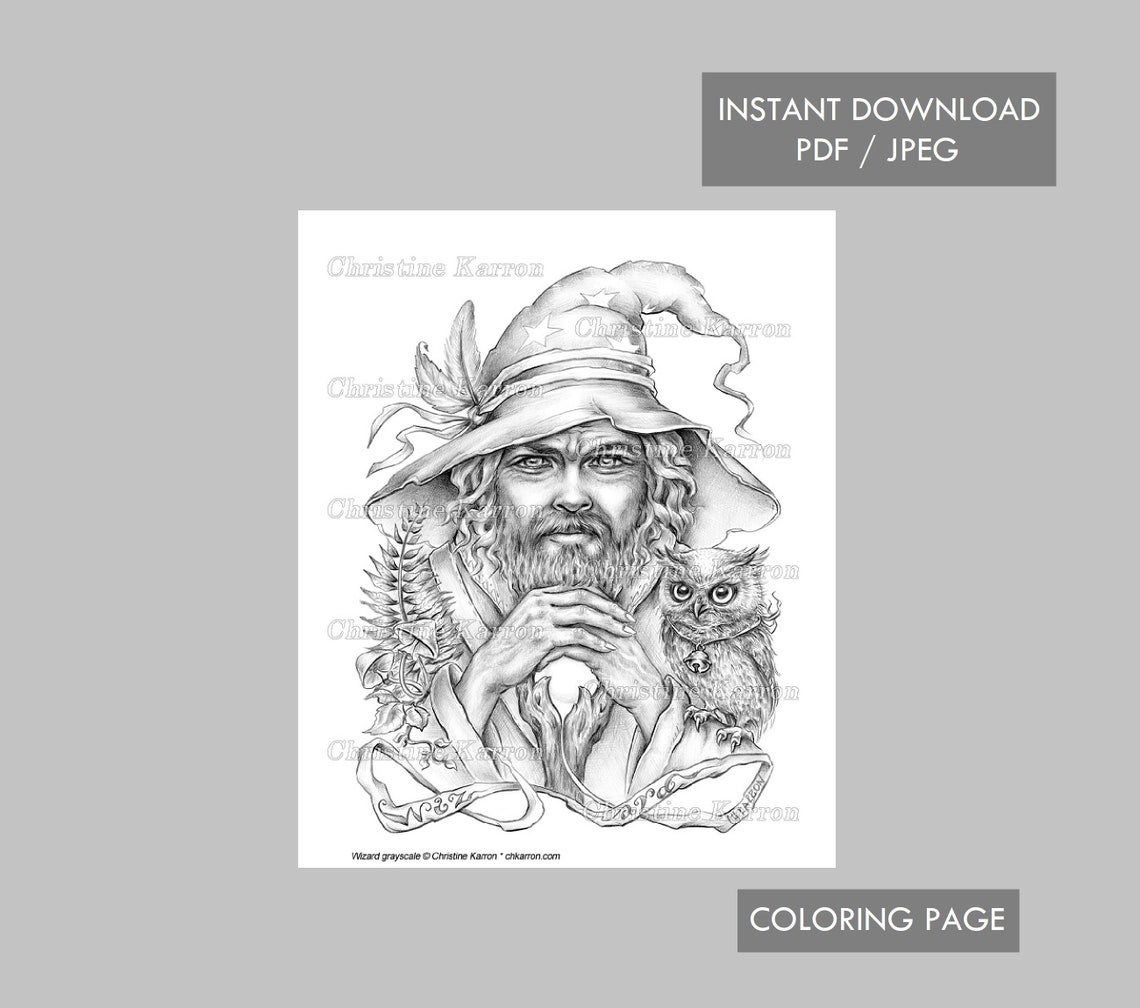 Wizard Coloring Page GRAYSCALE Male Magic Owl Woodland Mage - Etsy