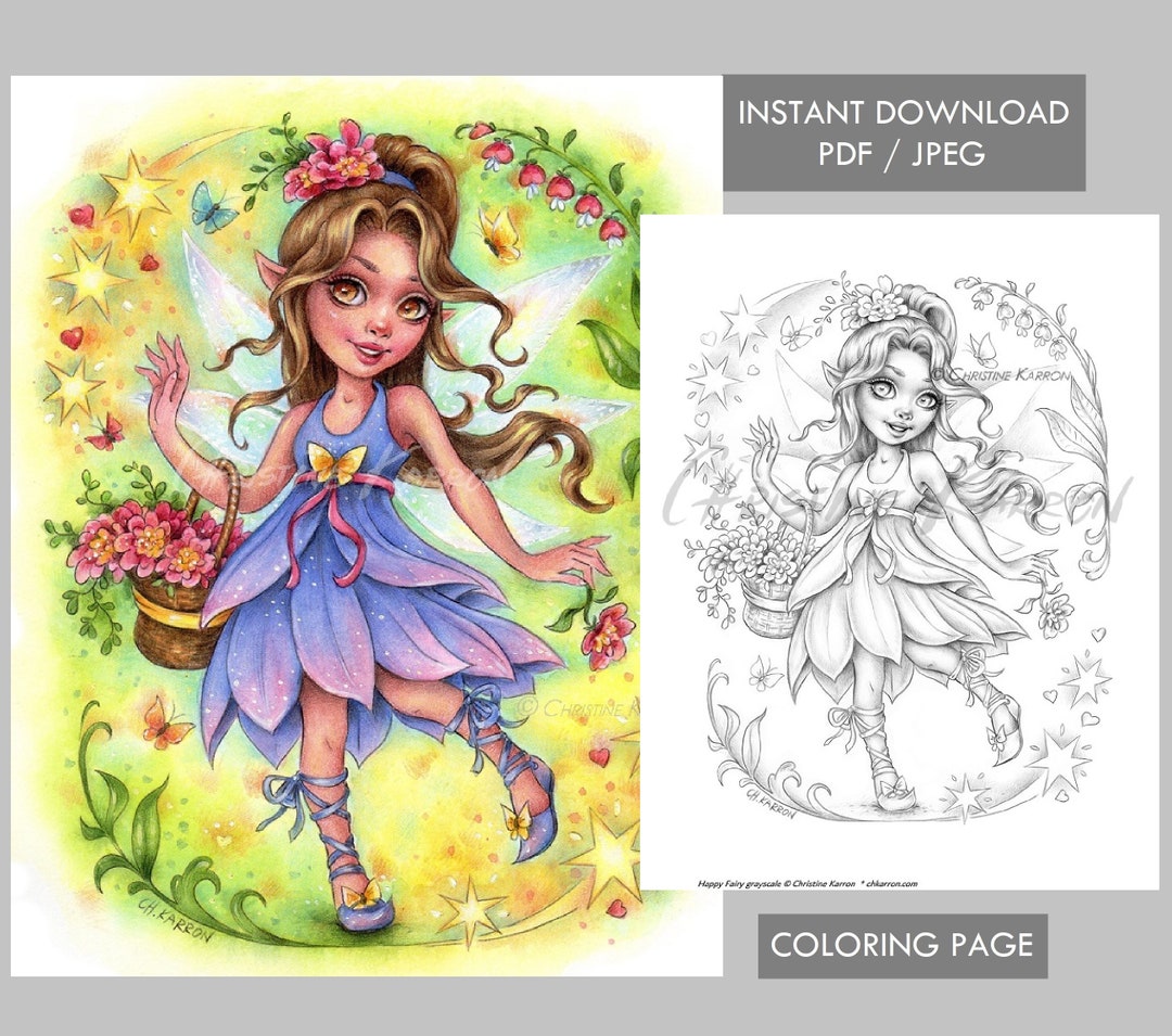 Happy Fairy Coloring Page Grayscale Instant Download Printable File ...