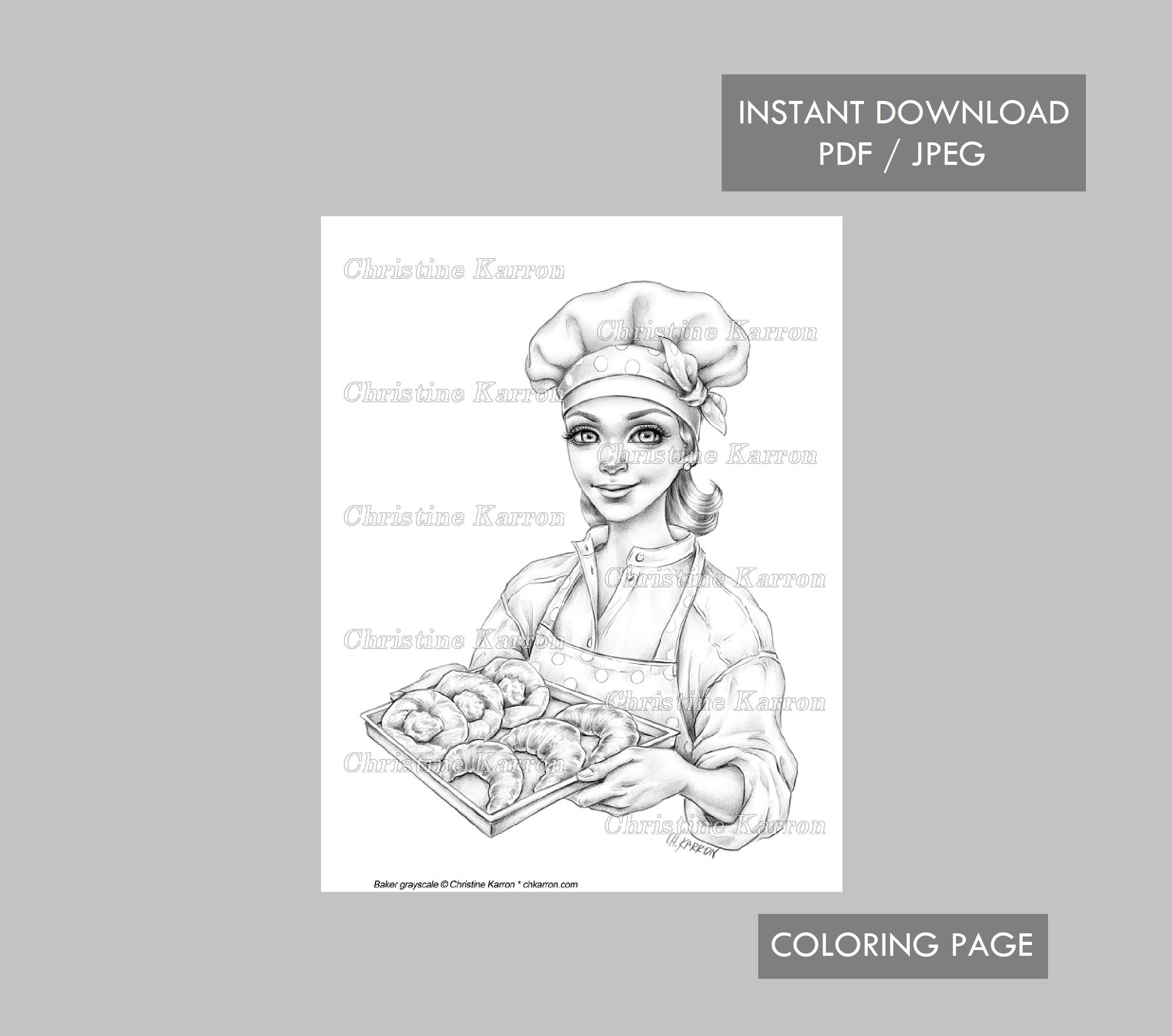 Baker Coloring Page GRAYSCALE Female Pastry Chef Working Woman | Etsy ...