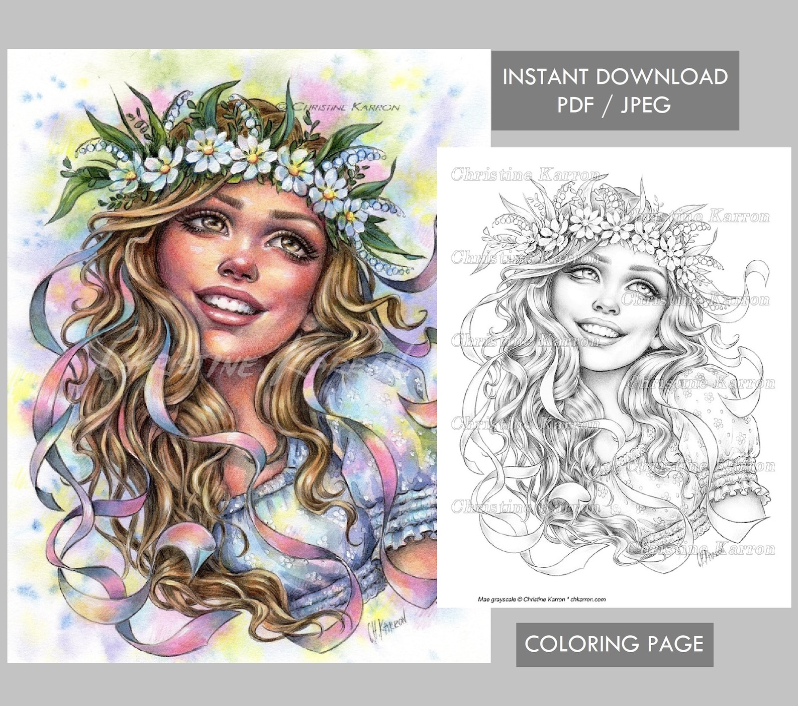 Mae Coloring Page Grayscale Illustration Female May Spring Beltane ...