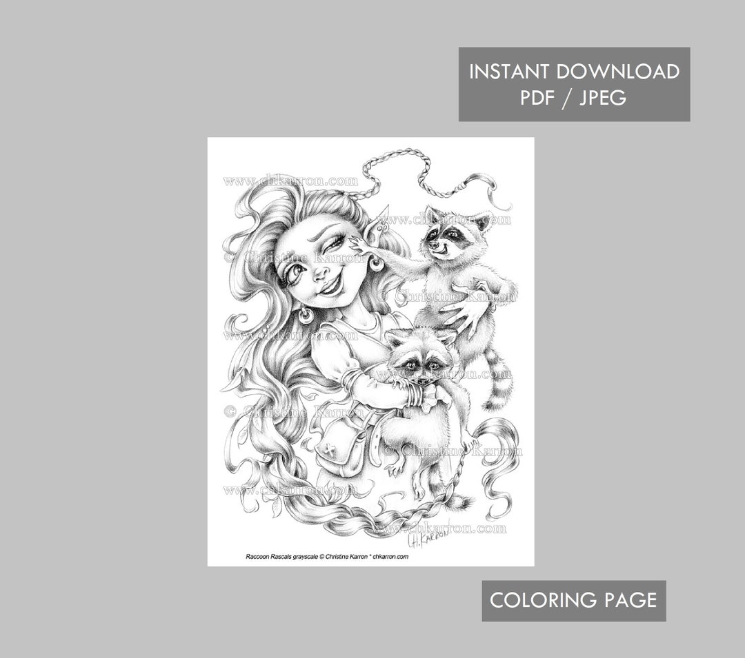 Raccoon Rascals Coloring Page Grayscale Illustration Elf Girl Cute ...