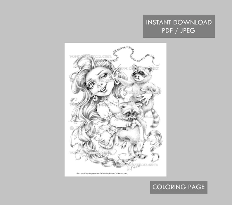 Raccoon Rascals Coloring Page Grayscale Illustration Elf Girl Cute ...