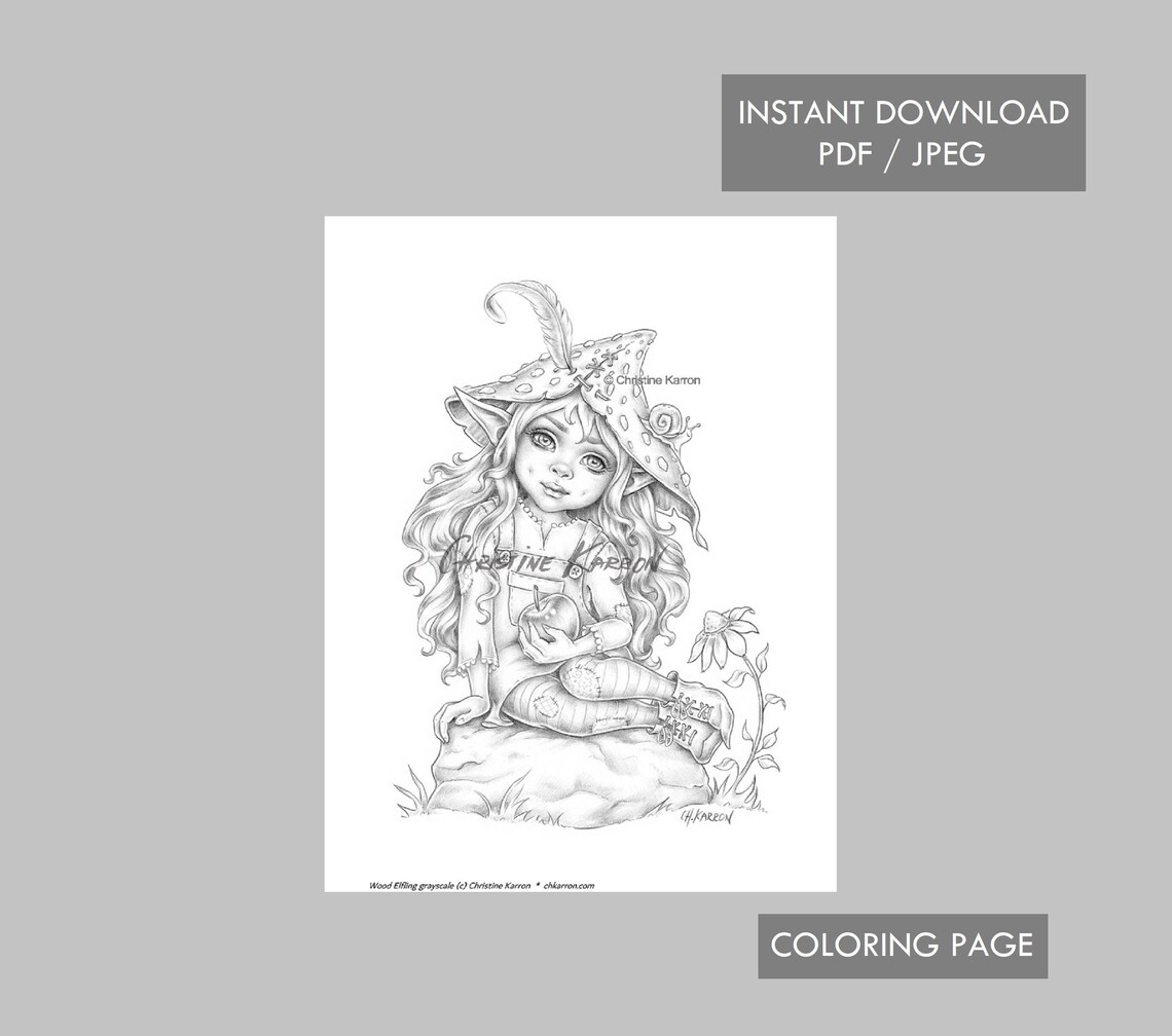 Wood Elfling Coloring Page Grayscale Illustration Instant Download ...