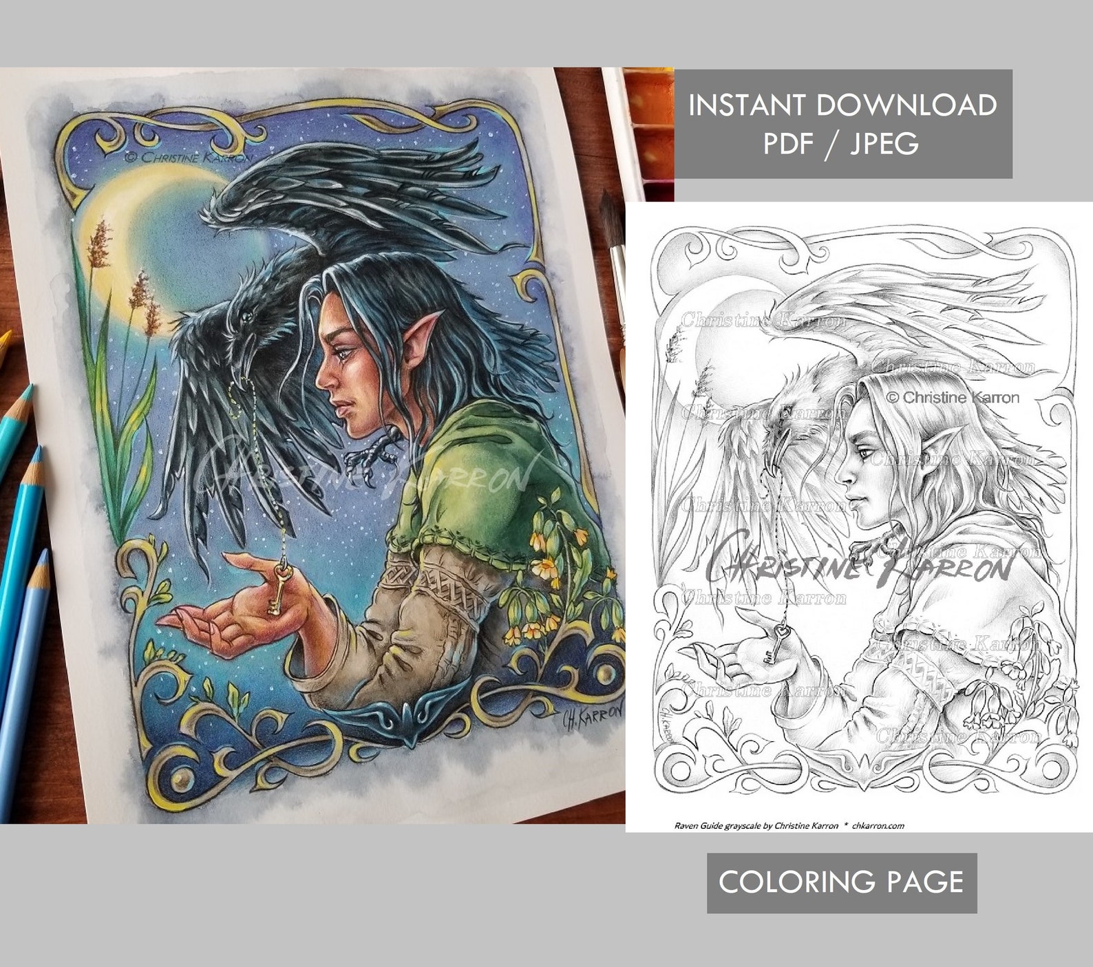 Raven Guide Coloring Page Grayscale Instant Download Printable File ...