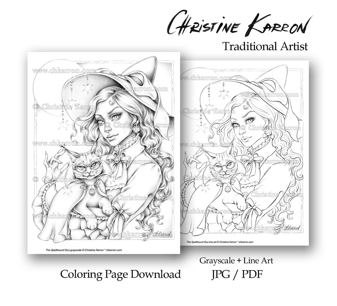 Spellbound Duo Christine Karron Coloring Page Grayscale Witch Hat Girl ...