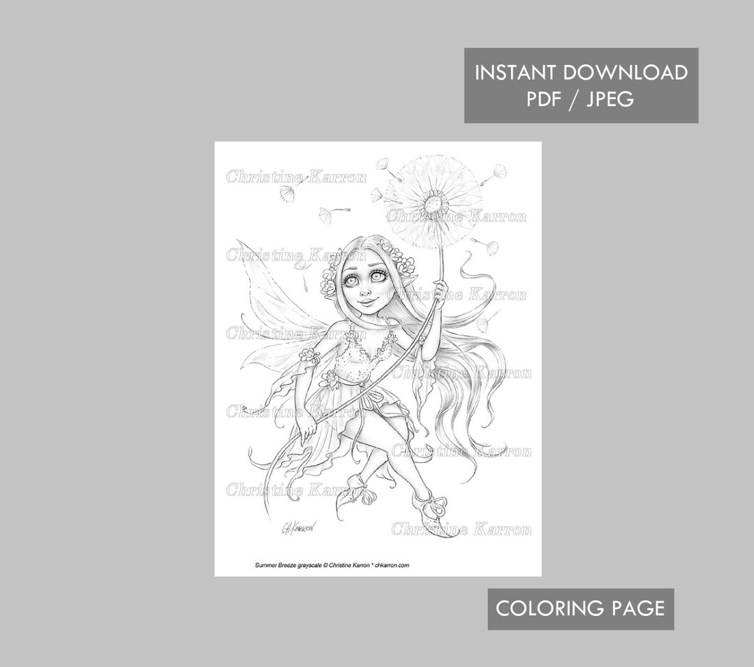 Summer Breeze Coloring Page Grayscale Fairy Wings Fantasy Dandelion ...
