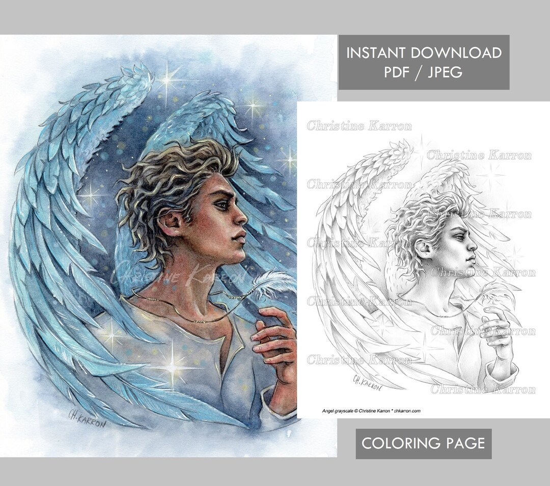 Angel Coloring Page GRAYSCALE Male Face Wings Feather Celestial ...