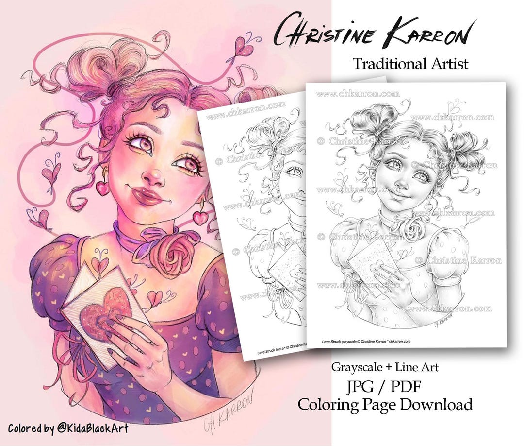 Love Struck Christine Karron Coloring Page Grayscale Illustration ...