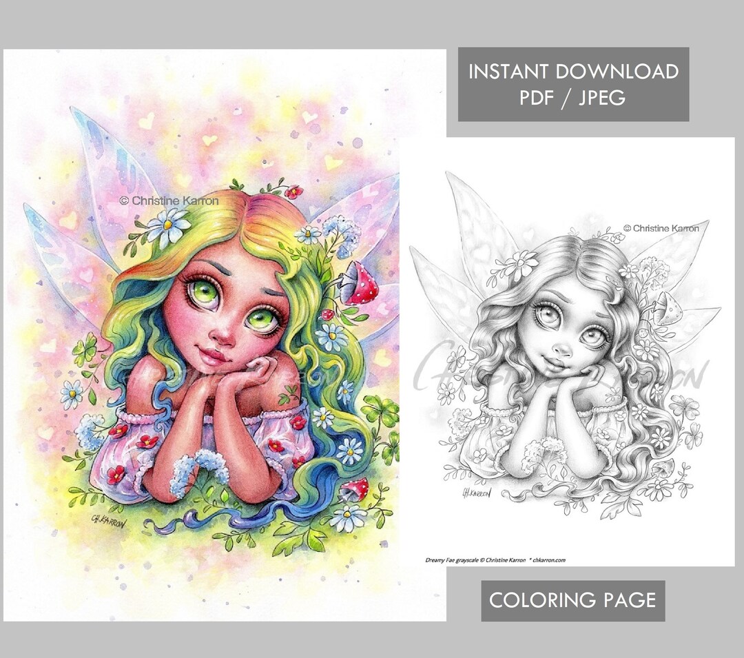 Fairy Girl Cute Face Dreamy Fae Coloring Page Grayscale Instant ...