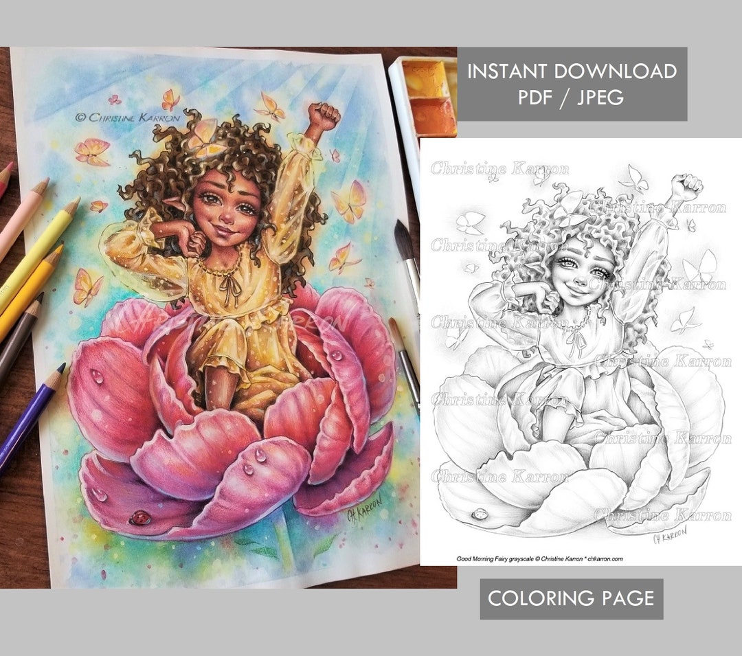 Good Morning Fairy Coloring Page Grayscale Illustration Elf Fantasy ...