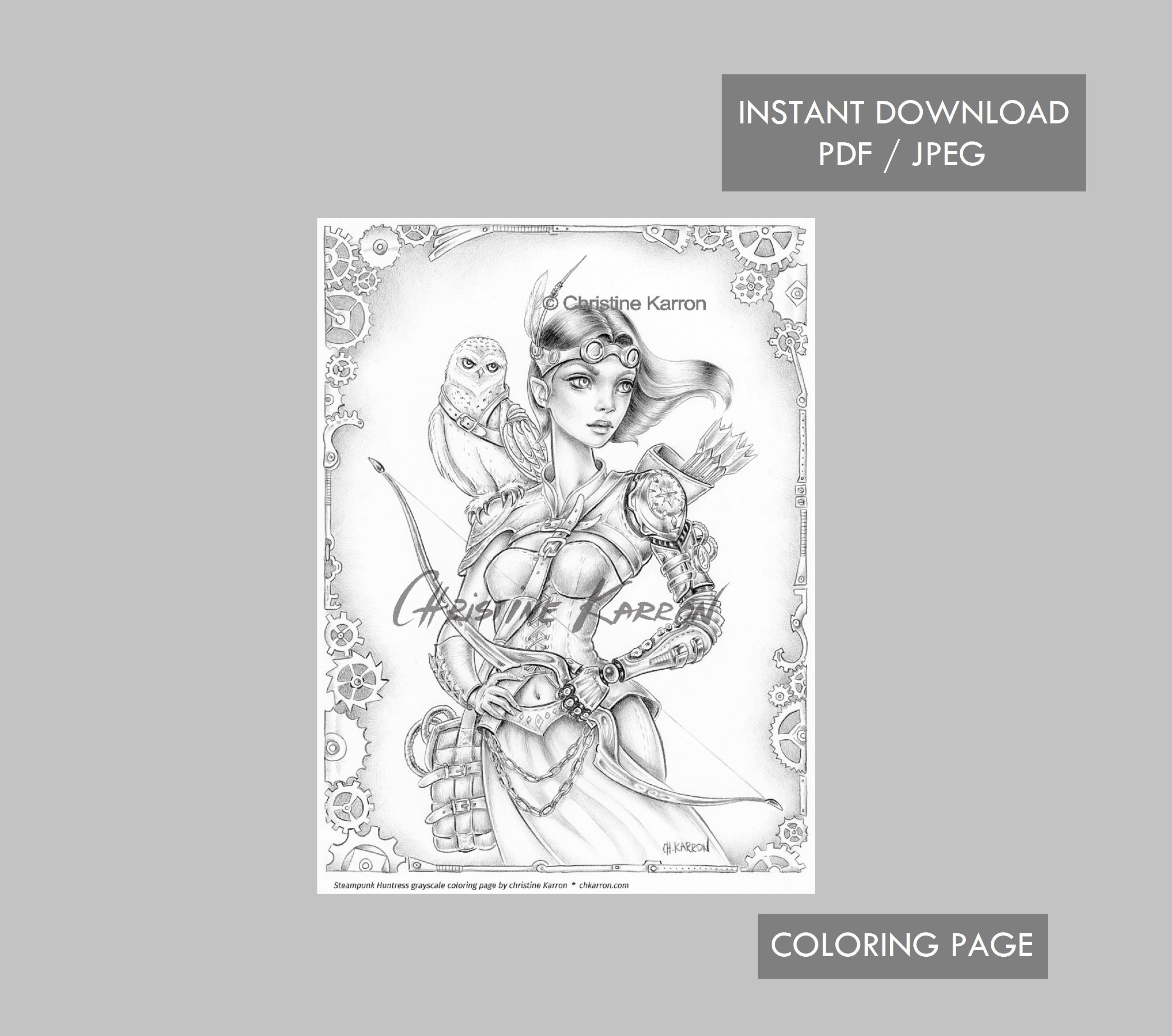 Steampunk Huntress Grayscale Coloring Page Instant Download Printable ...
