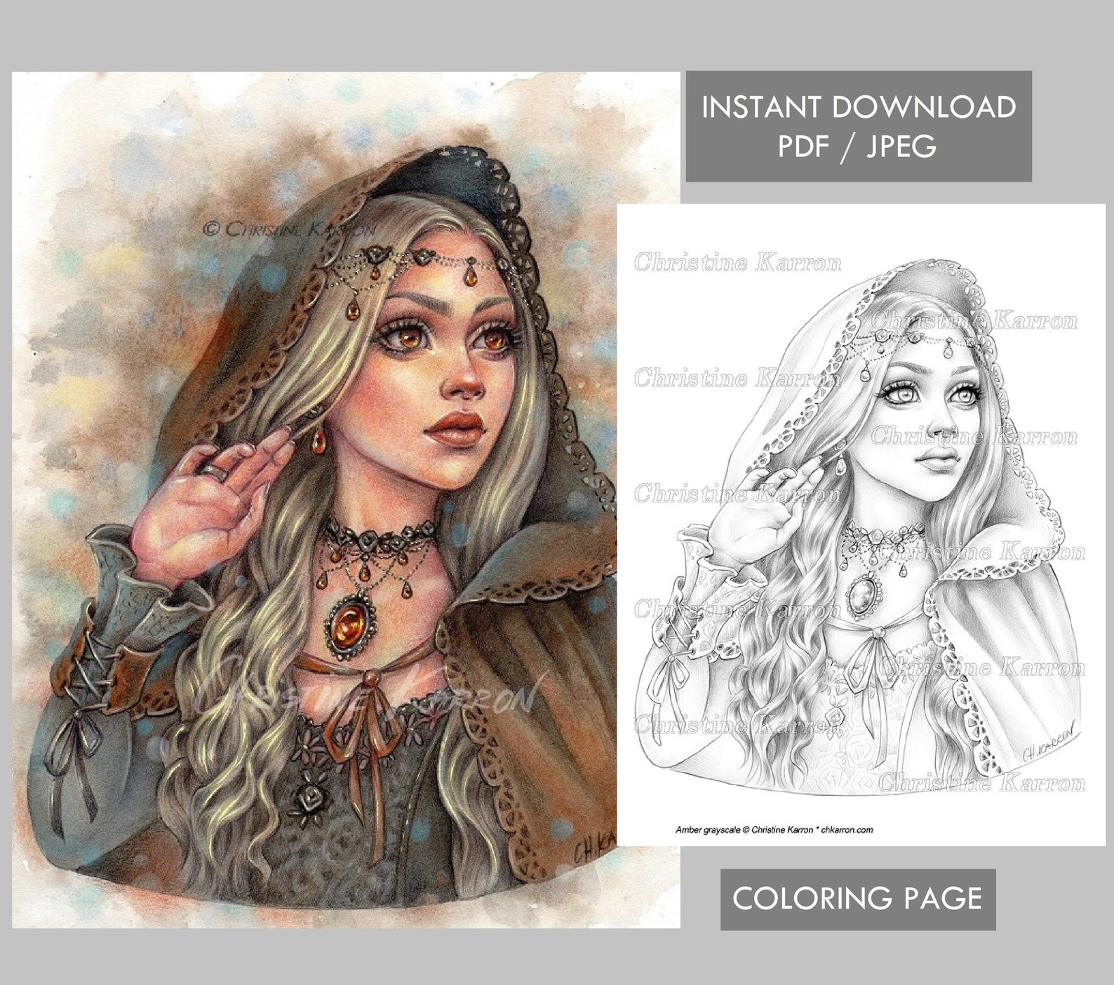 Amber Coloring Page GRAYSCALE Illustration Fae Hood Woman - Etsy