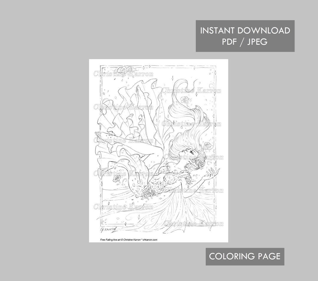 Free Falling Coloring Page Line Art Illustration Fairy Elf Fantasy ...