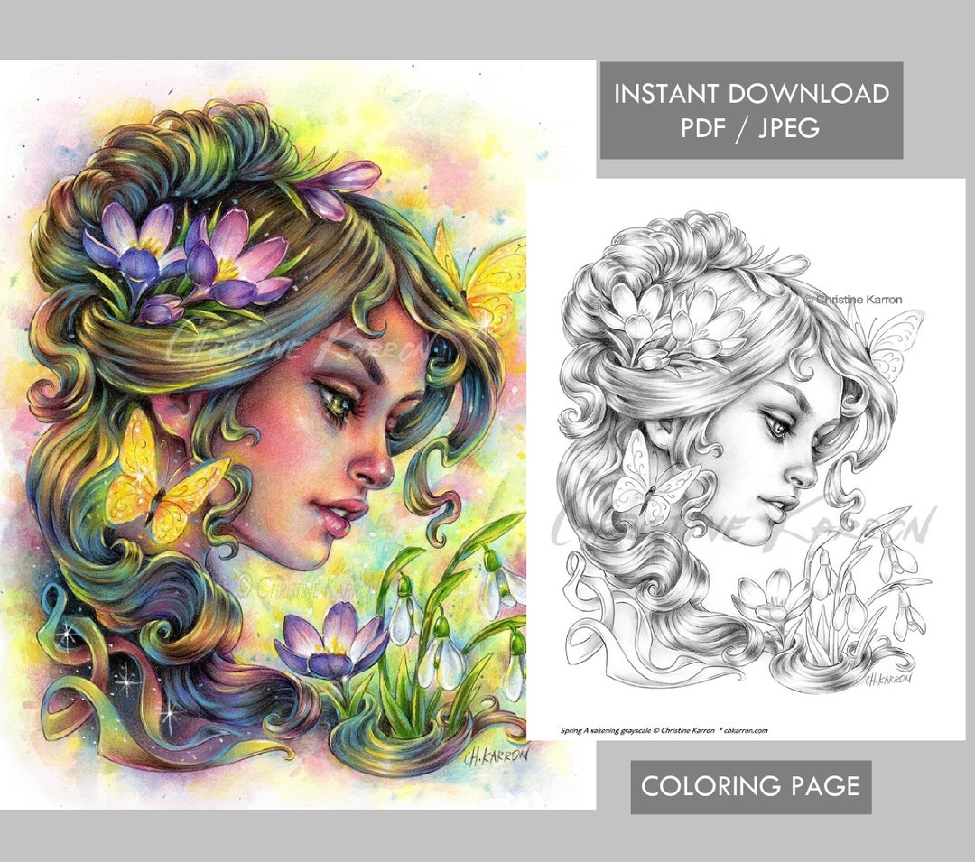 Spring Awakening Fairy - Coloring Page Grayscale Instant Download ...
