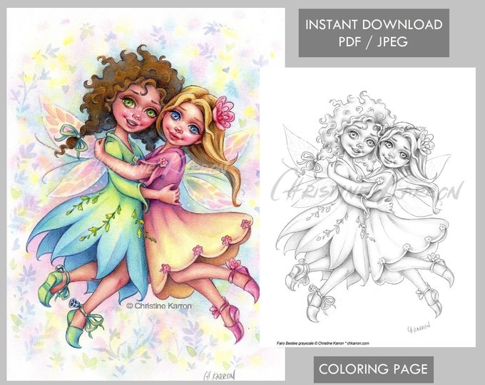 Fairy Besties Coloring Page Grayscale Cute Girls Best Friends ...