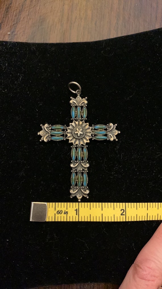 Vintage Pewter and Turquoise Art Glass Cross - Gem